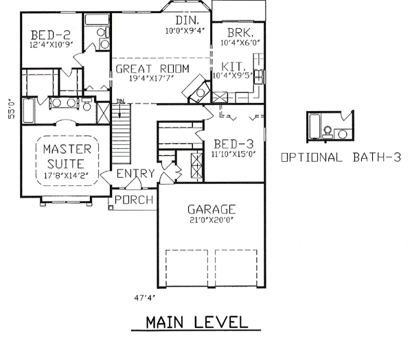 Plan 58437 | House with 3 Bed, 2 Bath, 2 Car