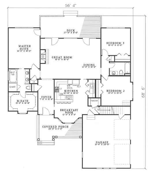 Plan 61198 | Traditional House with 4 Bed, 3 Bath, 2 Car