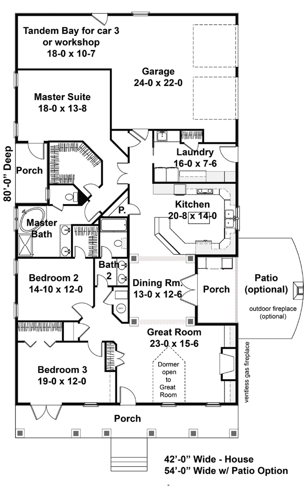 Plan 64561 | One-Story House with 3 Bed, 2 Bath, 2 Car