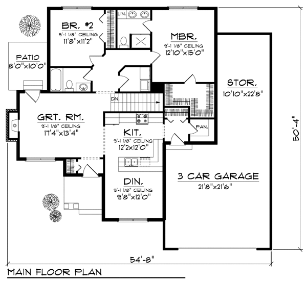 Plan 73407 | One-Story, Traditional House with 2 Bed, 2 Bath, 3 Car