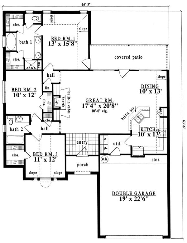 Plan 79186 | European, One-Story House with 3 Bed, 2 Bath, 2 Car