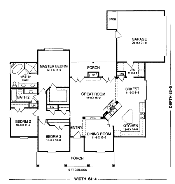 Plan 93028 | Country, Ranch House with 3 Bed, 2 Bath, 2 Car
